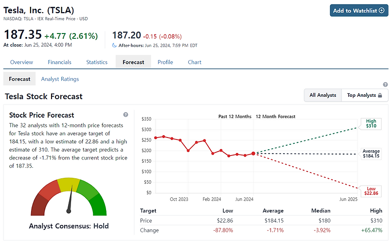 테슬라 주가 전망 : StockAnalysis 분석