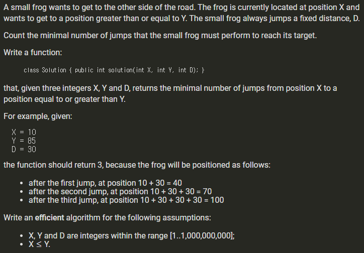 Codility lesson3_1 - FrogJmp :: 기록하지 않았다면 잃어버릴 시간들