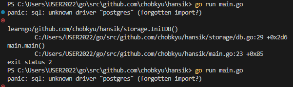 [Golang] echo postgresql 연결 시 panic: sql: unknown driver "postgres" (forgotten import?) 문제 해결