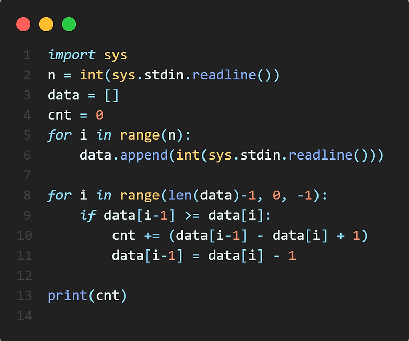 백준 알고리즘 2847 : 게임을 만든 동준이 ( python )