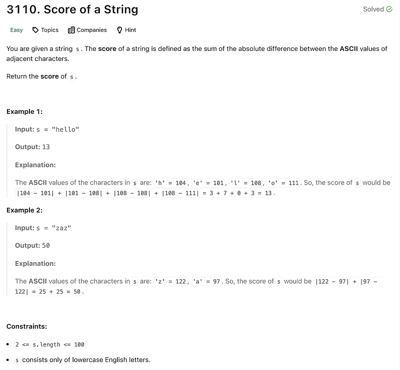 LeetCode [3110]: Score of a String — 개발하는 장씨