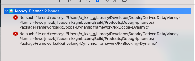 [Error] No such file or directory: '/Users/Library/Developer/Xcode/DerivedData/...'