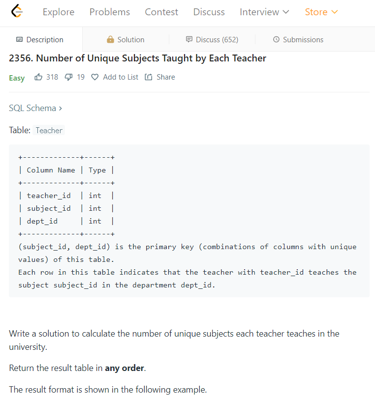 LeetCode 2356. Number of Unique Subjects Taught by Each Teacher / MySQL / Easy (From절 서브쿼리)