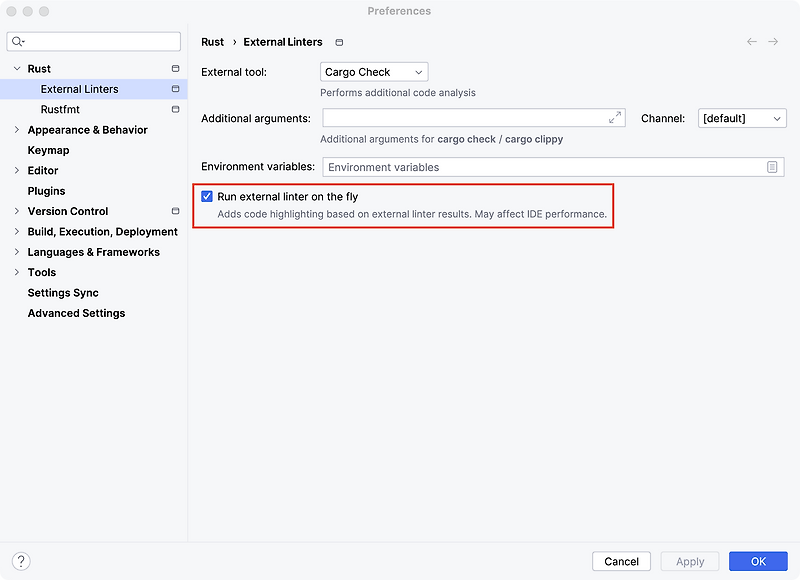[RustRover] cargo check 키는법