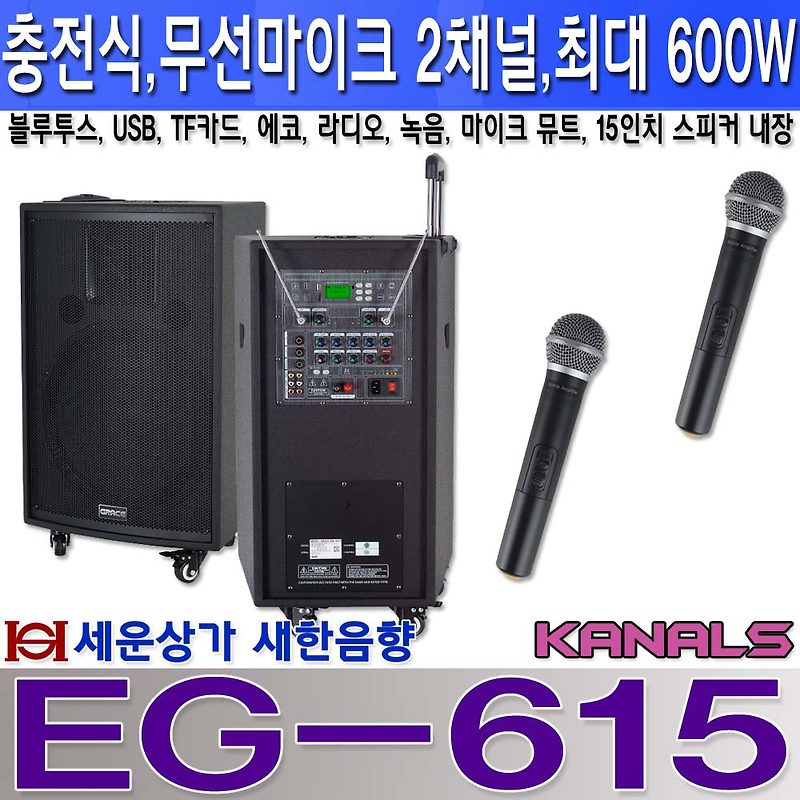 EG-615 카날스 충전식 앰프 600W, 2채널 무선 마이크, 블루투스, USB, TF CARD, 라디오, 에코, 녹음, 뮤트 ...