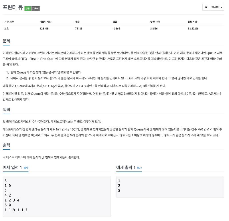 [Python] 백준 1966 : 프린터 큐