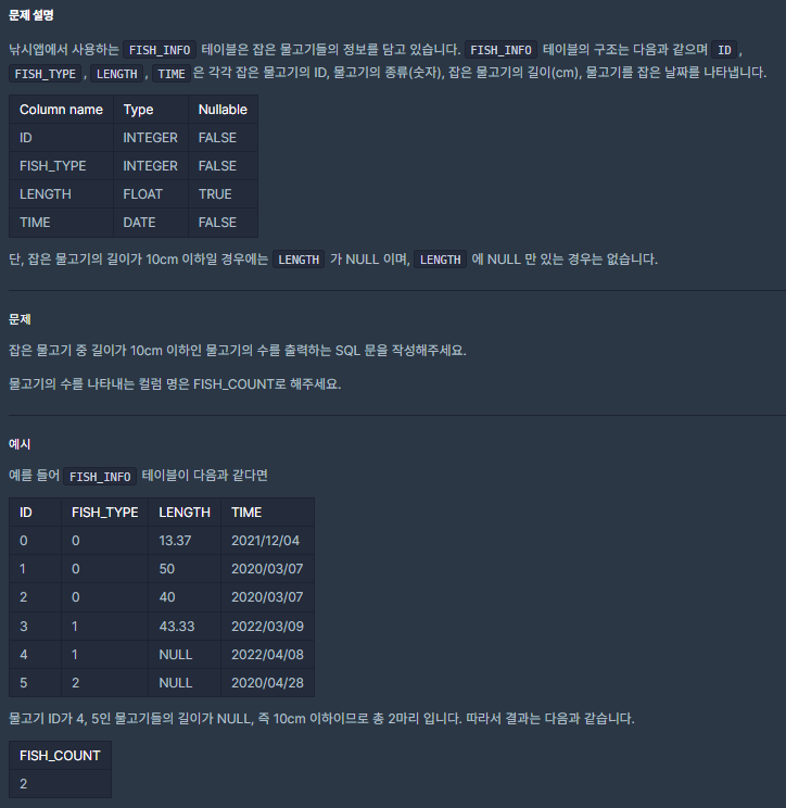 Programmers - [MySql] 잔챙이 잡은 수 구하기