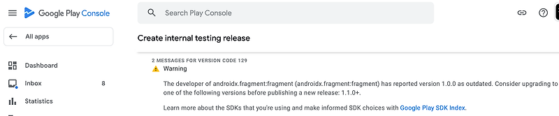 [Google Play Console] androidx.fragment:fragment:1.0.0 이 sdk 버전은 오래된 것으로 보고되었습니다.