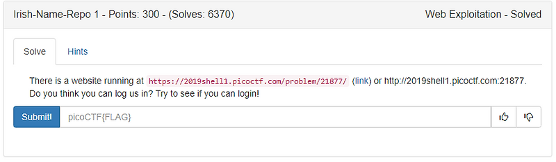 [2019 picoCTF] Irish-Name-Repo 1 (300) write-up