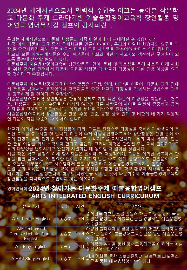 2024년 세계시민으로서 협력적 수업을 이끄는 농어촌 작은학교 다문화 주제 드라마기반 예술융합영어교육학 창안활동 영어연극 영어