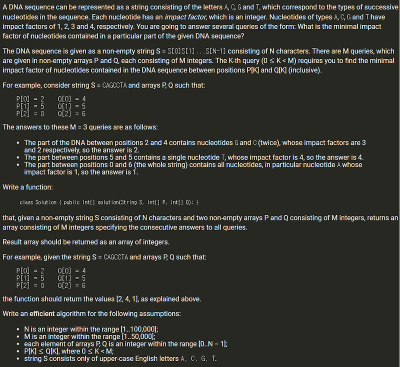 GenomicRangeQuery (Codility)