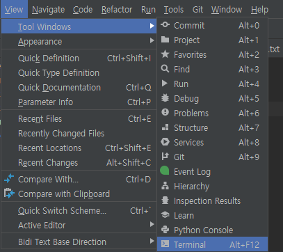 윈도우 pycharm terminal을 git bash로 바꿔봅시다.