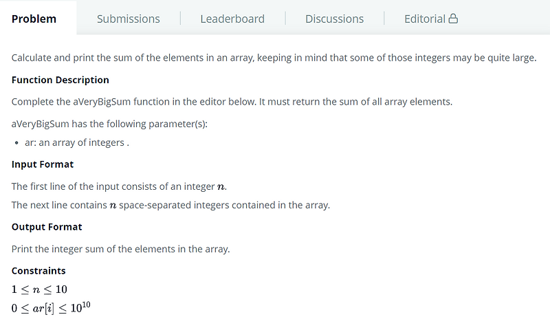 해커랭크 A Very Big Sum 문제풀이 (Problem Solving 코딩테스트 4단계)