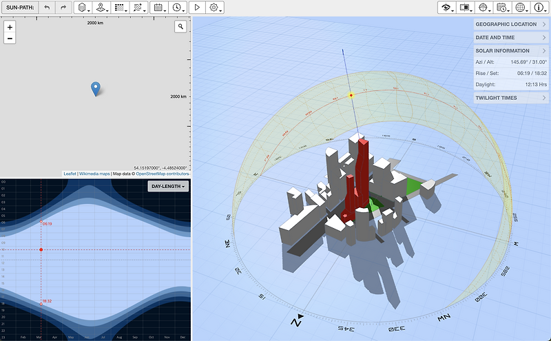 3D Sun Path 태양 다이어그램, 그림자 다이어그램 사이트