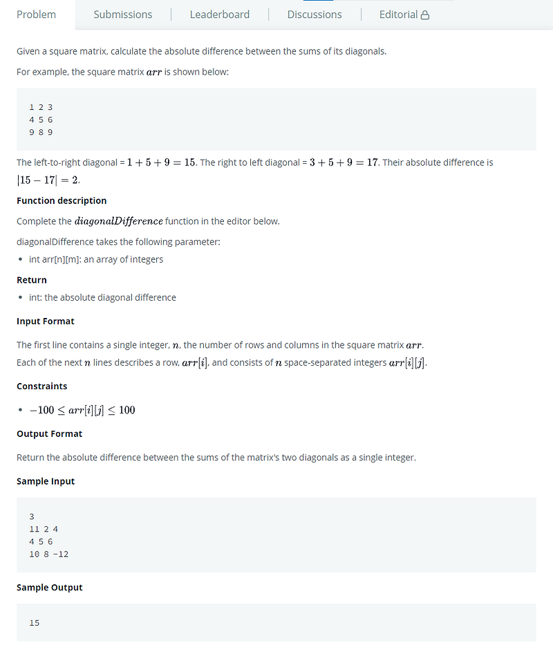 [HackerRank] Diagonal Difference