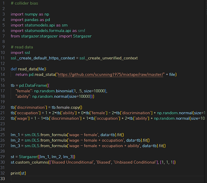 code example (1): collider bias :: 밤에 쓰는 편지