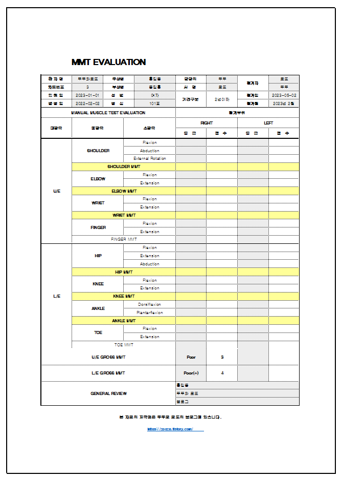 MMT(Manual Muscle Testing Grading Scale) 도수 근력 검사 평가 방법과 목적 및 최신 평가지 작성 요령