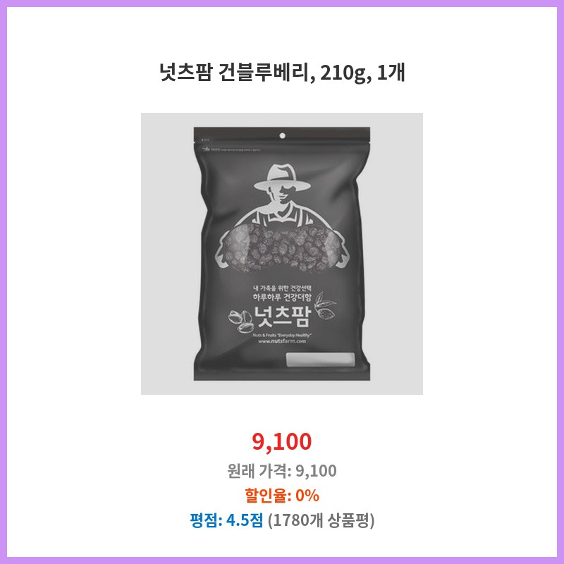 득템 찬스 넛츠팜 건블루베리 210g 1개 빨리 받아볼 상품