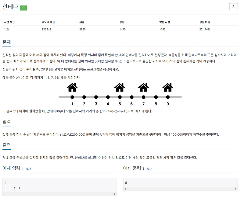 백준 18310번 : 안테나(Java) — Retrospect
