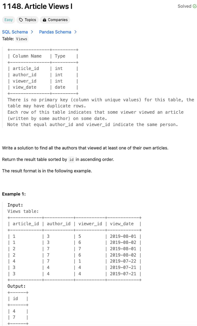 [LeetCode] 1148. Article Views I (SELECT)