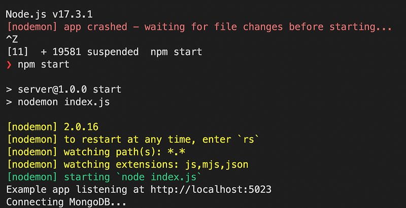[ERRORS] nodemon app crashed - waiting for file changes before starting