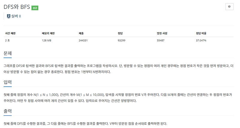 백준 Boj 1260번dfs와 Bfs Python 풀이 간토끼 Datamining Lab