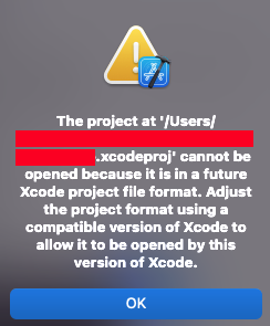 xcode 프로젝트 오픈 오류 확인 (The project at '/Users/xxx.xcodeproj' cannot be opened because it is in a ...