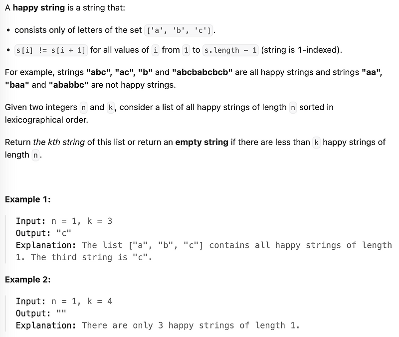 [LeetCode] 1415. The k-th Lexicographical String of All Happy Strings of Length n (Python)