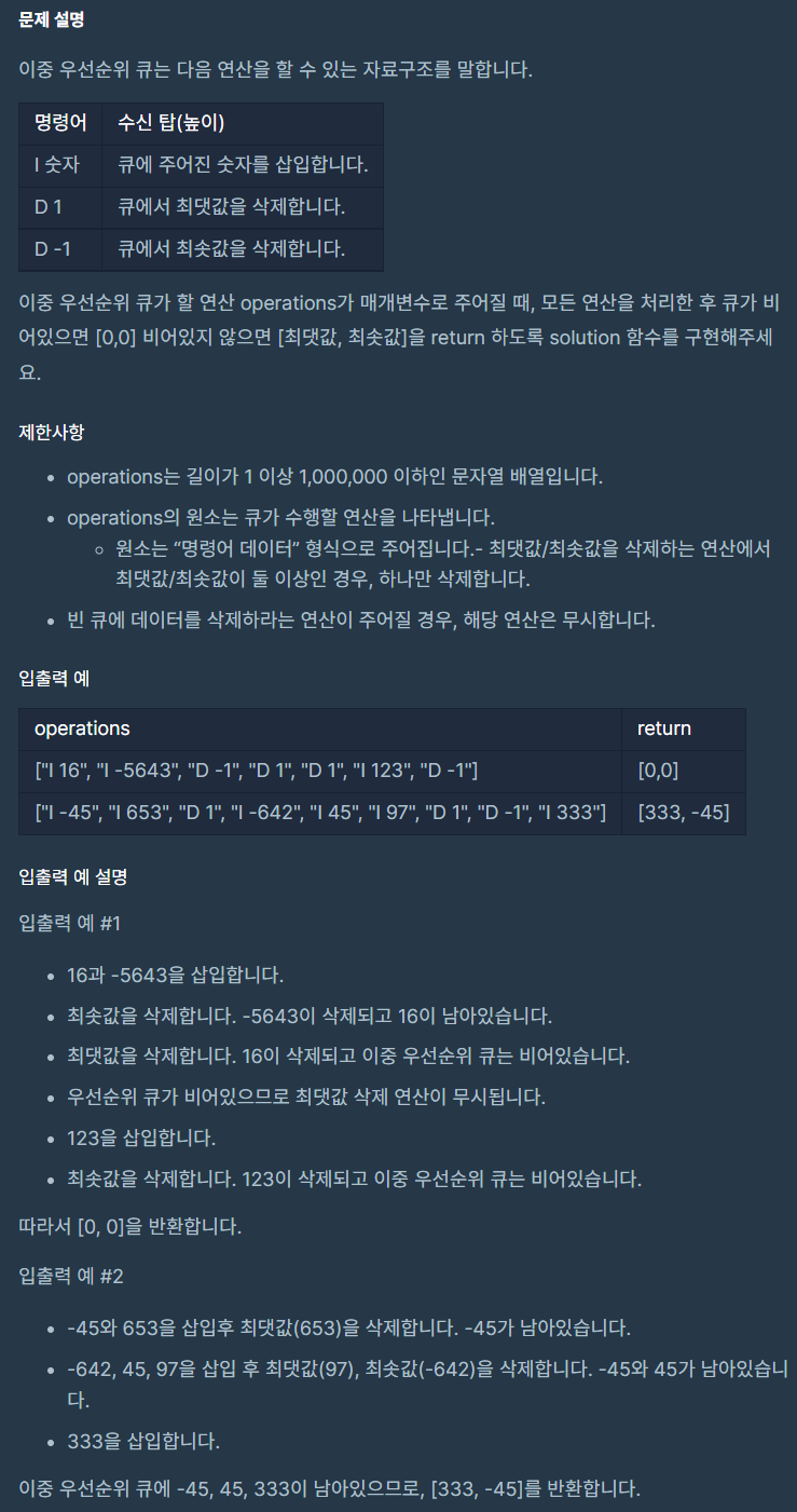 이중우선순위큐 파이썬python 프로그래머스코딩테스트 연습lv3 — 해시태그코딩 Coding