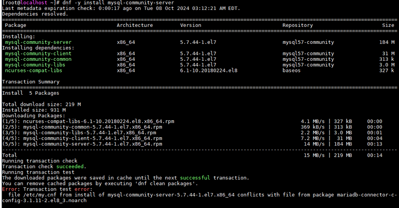 Error: Transaction test error: file /etc/my.cnf from install of mysql ...