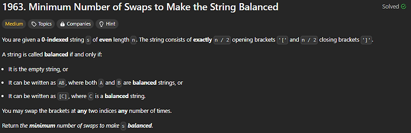 1963. Minimum Number of Swaps to Make the String Balanced
