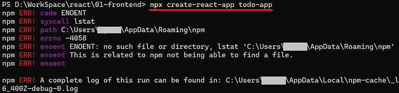 [react] npx create-react-app 에러 ENOENT -4058
