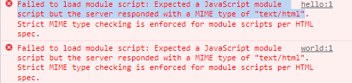 [error] Failed to load module script: Expected a JavaScript module script but the server ...