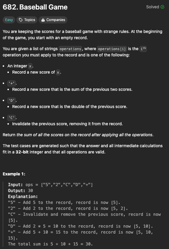 (간단한 코드)리트코드 682. Baseball Game