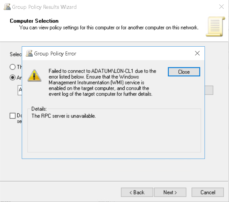 Troubleshoot Group Policy Error in Group Policy Results Wizard