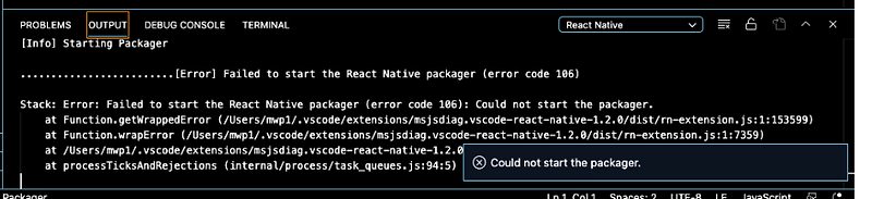 vs code react native start 오류