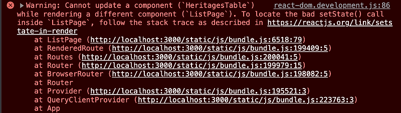 [TIL] 2023_07_24: Cannot update a component (`HeritagesTable`) while rendering a different ...