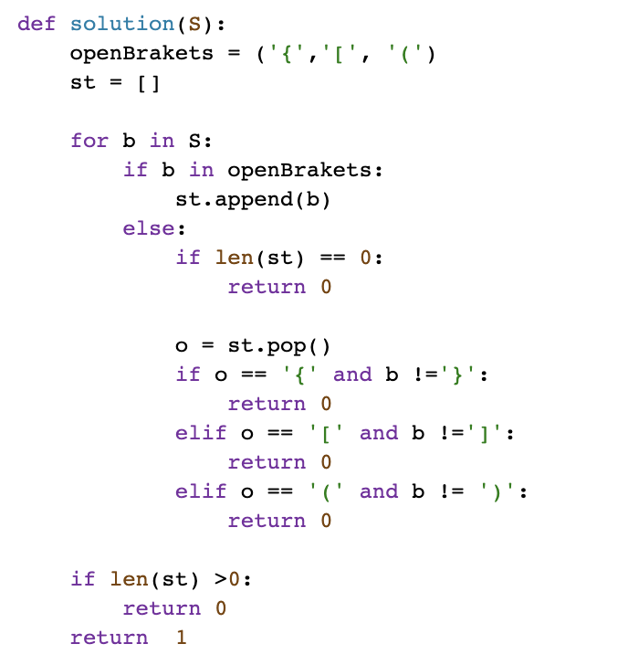 [Codility 7-1] Brackets[Python]