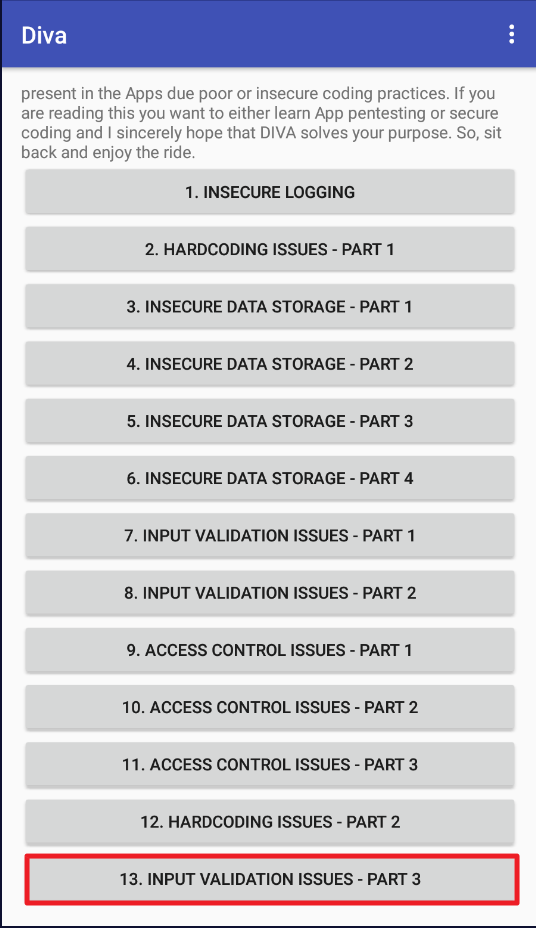 [DIVA-android] DIVA - 13. 입력 값 검증 부재 파트 3(INPUT VALIDATION ISSUES - PART 3)