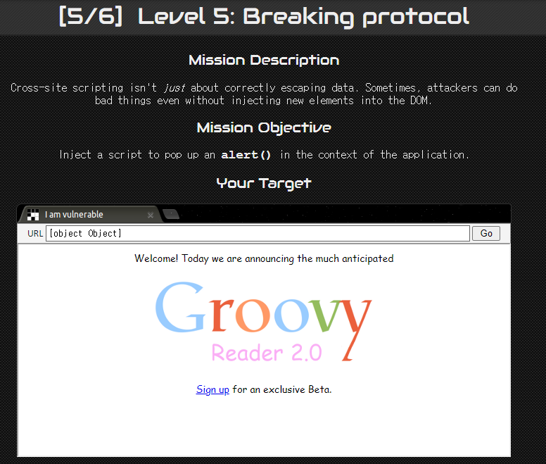 [XSS] xss-game Level 5: Breaking protocol — 동쟁이