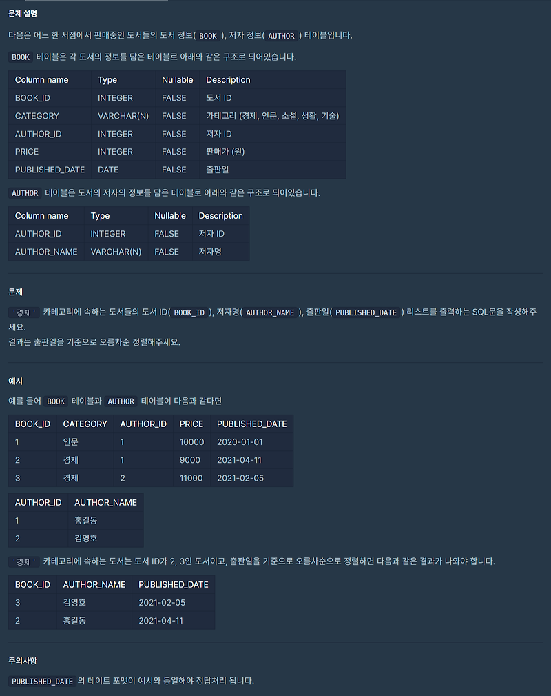 [Programmers] 프로그래머스 Lv.2 조건에 맞는 도서와 저자 리스트 출력하기 문제풀이(MySQL)