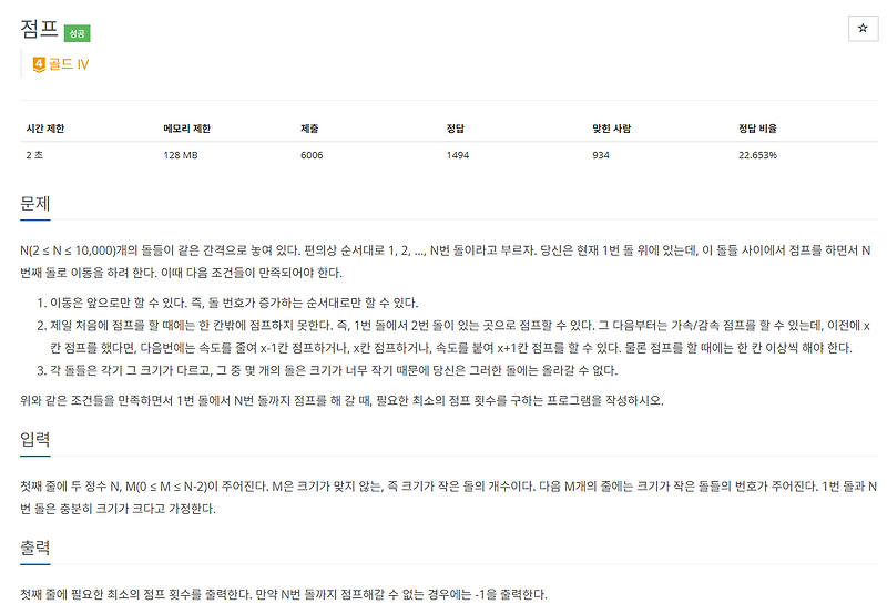 [BOJ/백준/Gold IV] 2253. 점프(Java)