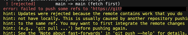 [Github] ! [rejected] main -> main (fetch first) 오류 해결 (동기화 문제) — Hello, s2ej1n!