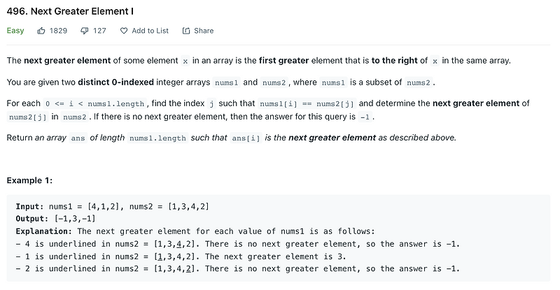 [Leetcode/C++] 496. Next Greater Element 1