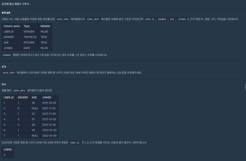 [프로그래머스 MySQL] 조건에 맞는 회원수 구하기 — LUNA Dev 💻