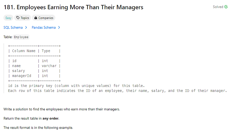 [LeetCode 181번 / MySQL] 181 : Employees Earning More Than Their Managers :: 개발 공부기록