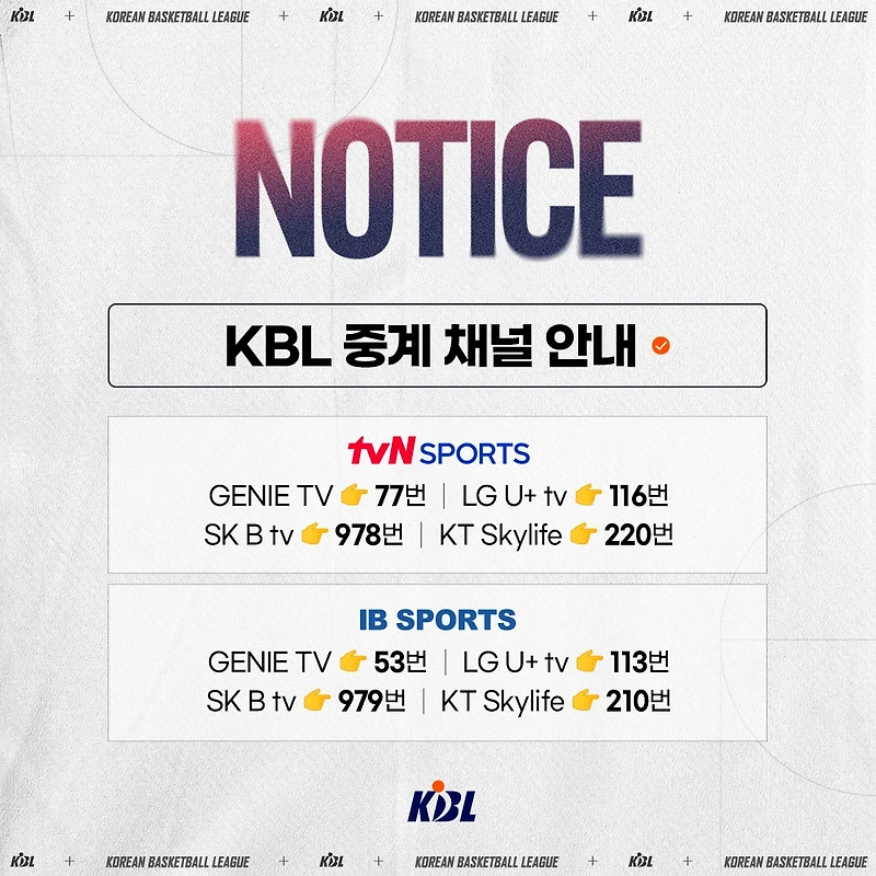 【남자 프로 농구】 KBL TV 중계 채널 번호 알아보기! [지니, LG U+, KT 스카이라이프, tvN, IB SPORTS]