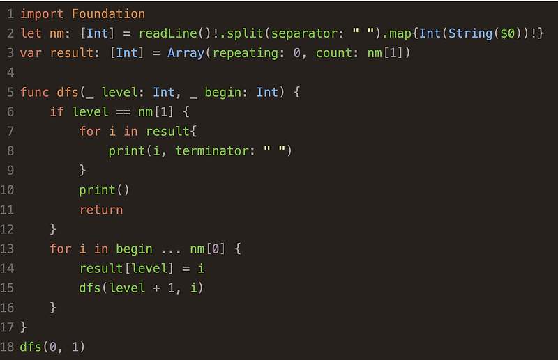 백준 15652: N과 M (4) (Swift)