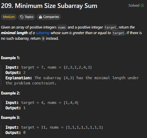 [Sliding Window][Medium] 209. Minimum Size Subarray Sum
