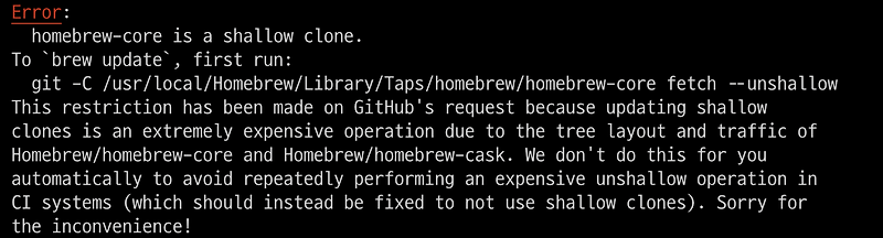 [Big Sur] homebrew-core is a shallow clone 에러 해결 - 땅콩킹땅콩🥜